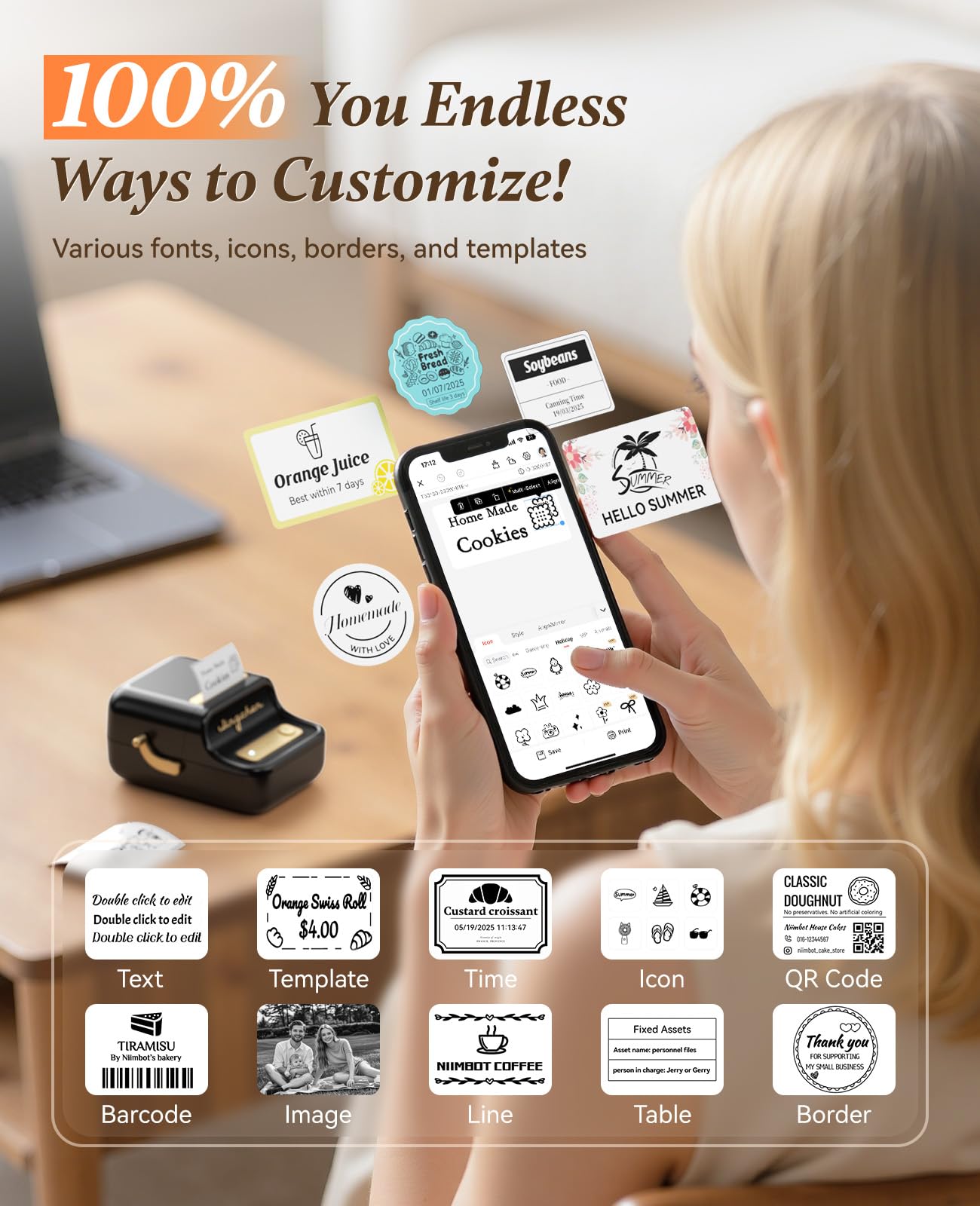 NIIMBOT B21 Inkless Label Maker, Portable Thermal Label Printer for Clothing, Address, Business, Compatible with iOS & Android, with 1 Pack 1.96x1.18 inch White Label, Black