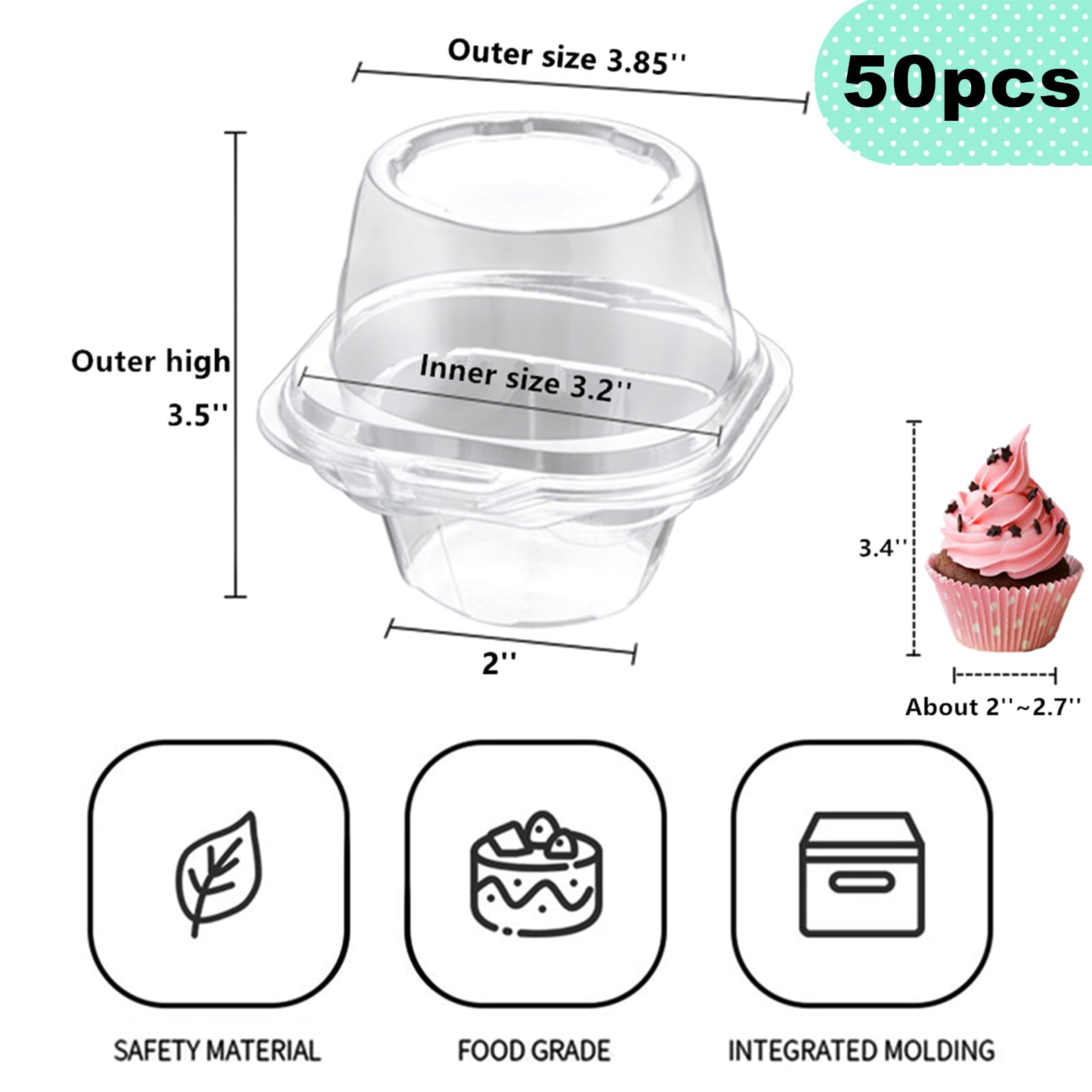 i-CHONY Individual Cupcake Holder - Clear Plastic Dome Single Cupcake Carrier Muffin Container Holders Cases Boxes Cups(50pcs)