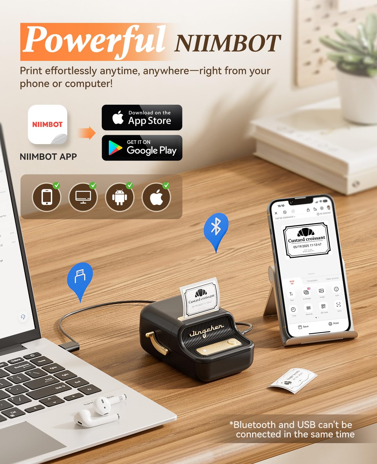 NIIMBOT B21 Inkless Label Maker, Portable Thermal Label Printer for Clothing, Address, Business, Compatible with iOS & Android, with 1 Pack 1.96x1.18 inch White Label, Black