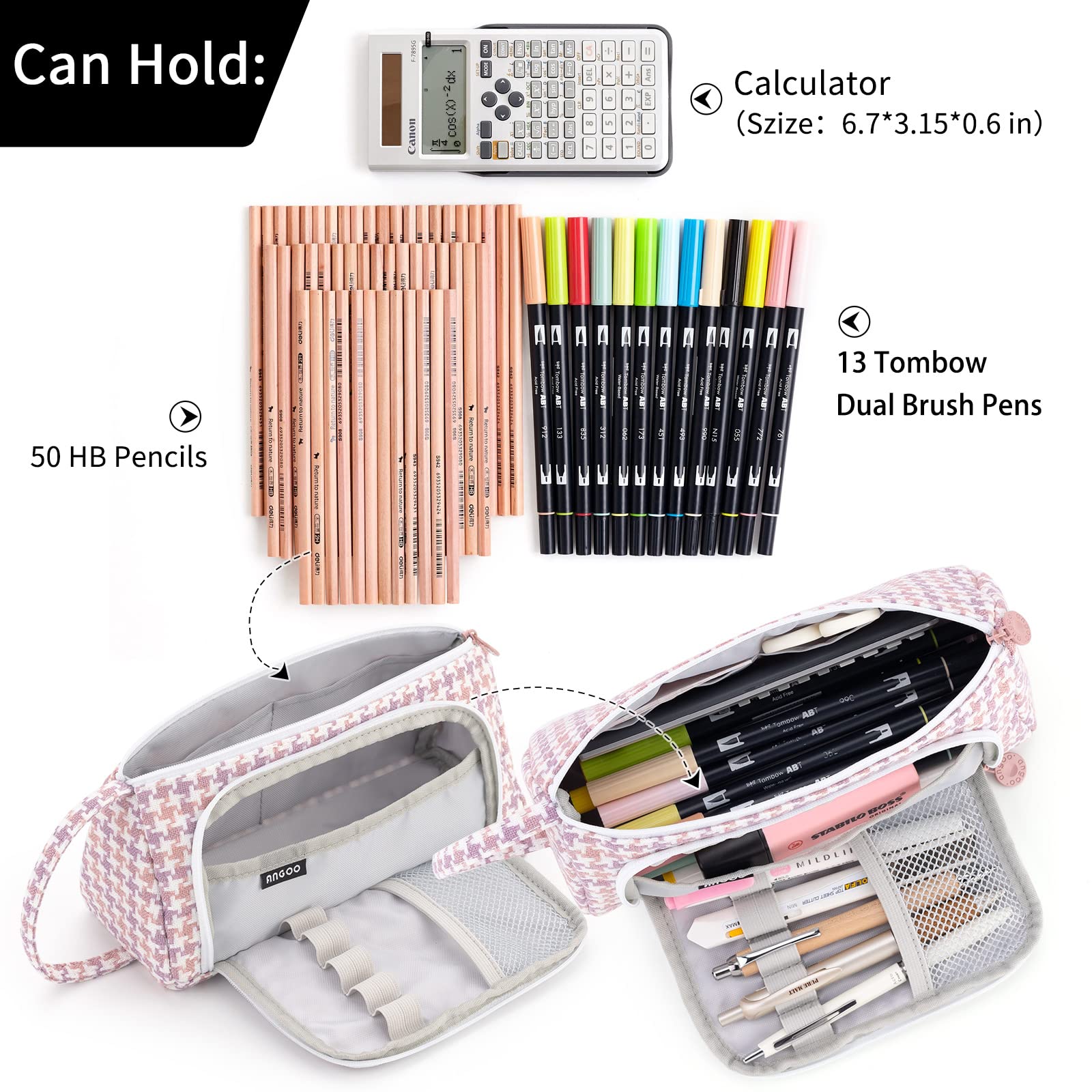 EASTHILL Big Capacity Pencil Case Canvas High Large Storage Pouch Marker Pen Case Simple Stationery Bag School College Office Organizer for Teens Girls Adults Student-Plaid Pink