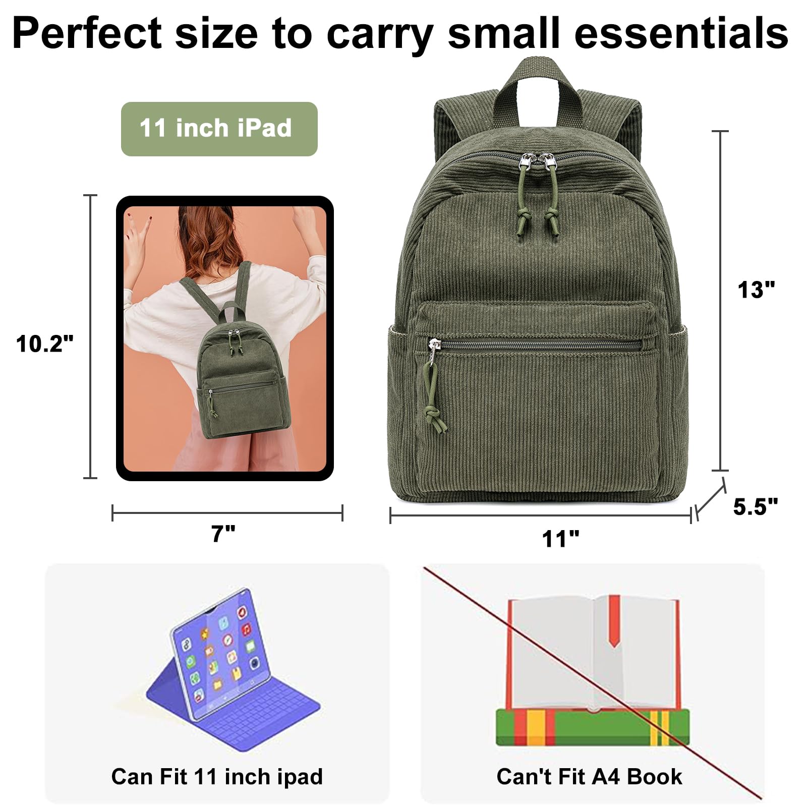 Bluboon Girls Mini Backpack Women Small Backpack Purse Teens Cute Casual School Bookbag(Corduroy Army Green)