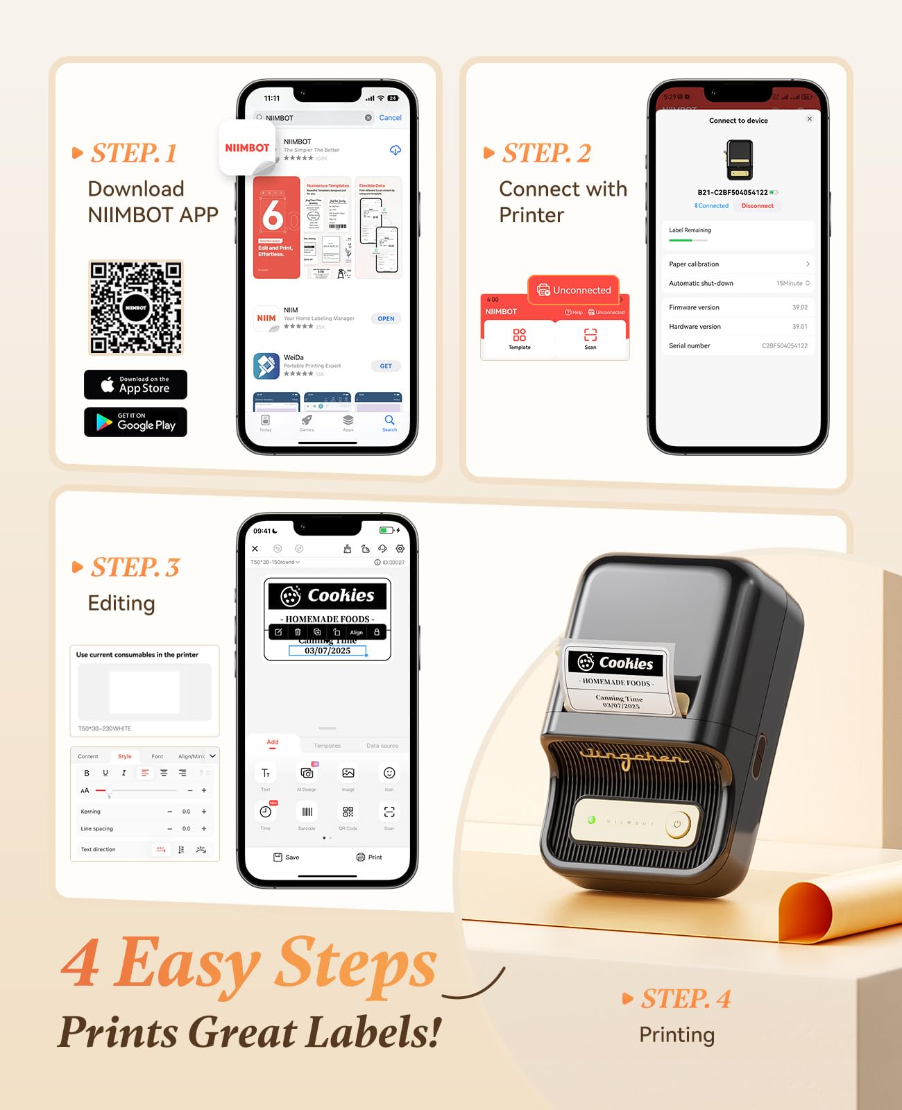 NIIMBOT B21 Inkless Label Maker, Portable Thermal Label Printer for Clothing, Address, Business, Compatible with iOS & Android, with 1 Pack 1.96x1.18 inch White Label, Black