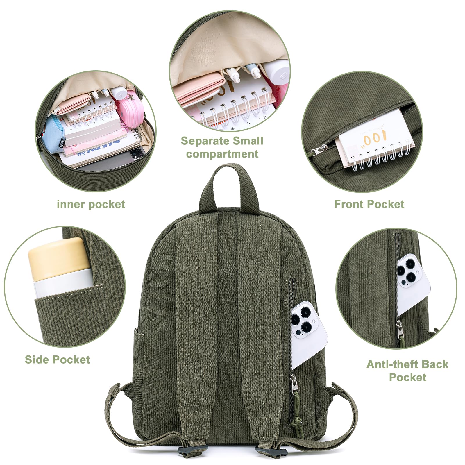 Bluboon Girls Mini Backpack Women Small Backpack Purse Teens Cute Casual School Bookbag(Corduroy Army Green)