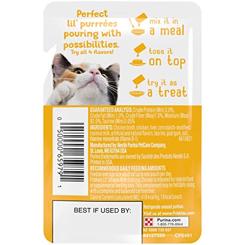 Purina Friskies Pureed Cat Food Topper, Lil’ Shakes With Enticing Chicken - (16) 1.55 oz. Pouches