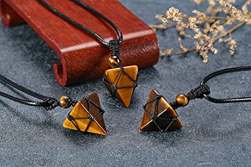 Top Plaza Tiger Eye Stone Healing Crystals Necklace for Men Boys Pyramid Stone Necklace Adjustable Rope Natural Gemstone Pendant Necklace Spiritual Protection Energy Men Jewelry Gifts