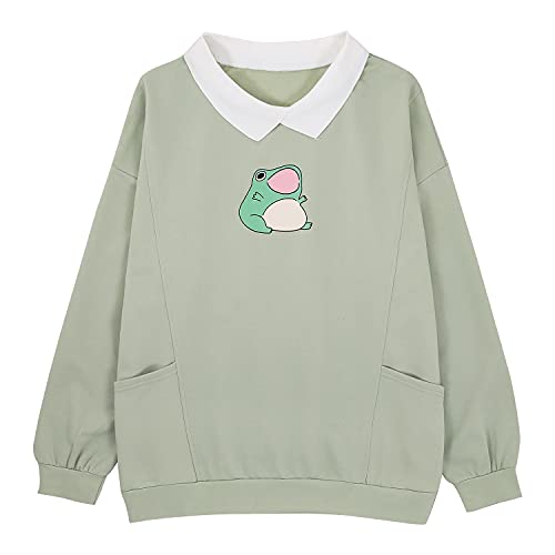 CM C&M WODRO Women Frog Sweatshirt Graphic Aesthetic Oversize Pullover Clothes Long Sleeve T-Shirt with Pocket (Green, Large)