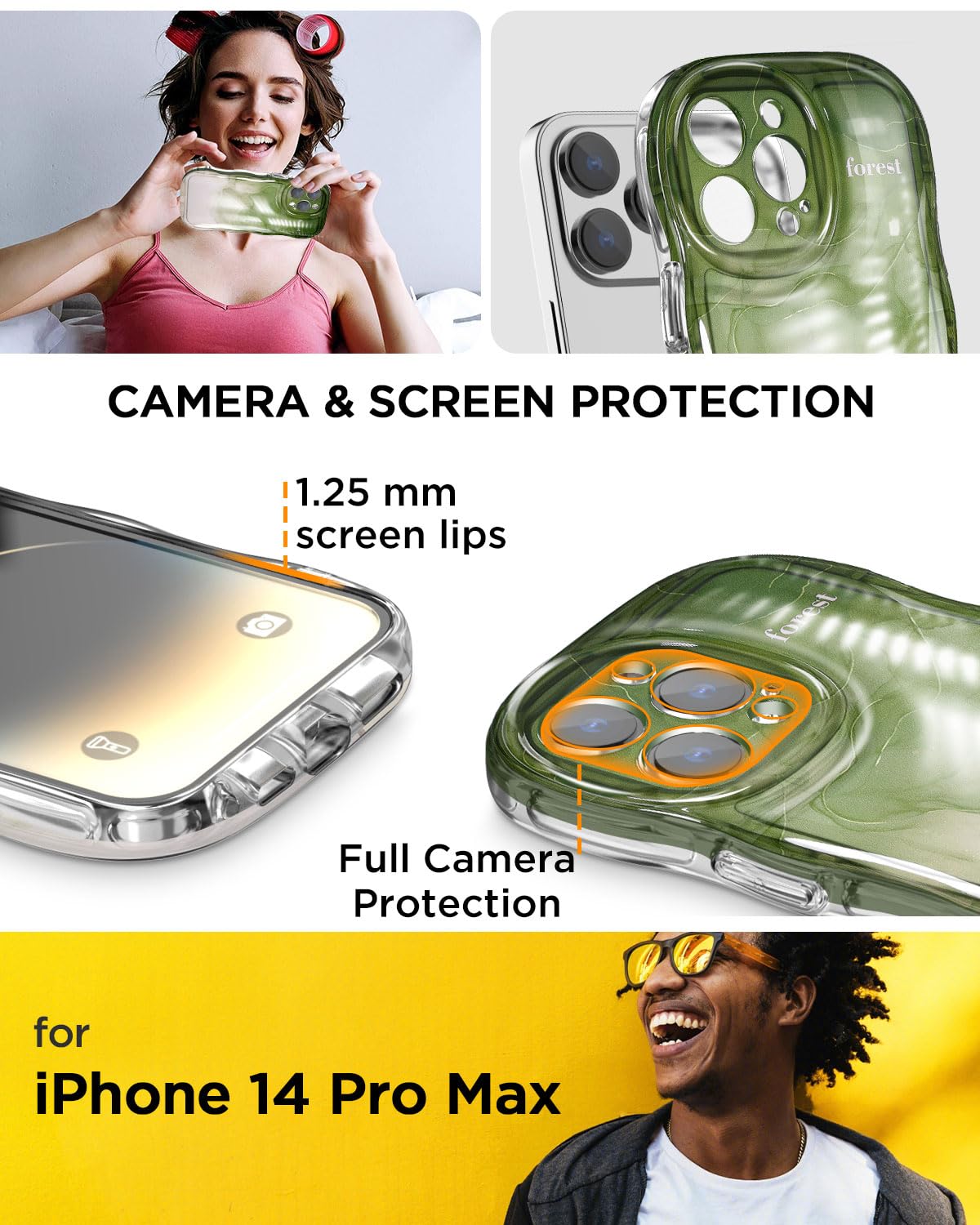 AICase iPhone 14 Pro Max Case Curly Wave Frame Cute Design with Full Camera Lens Protection,Aesthetic Kawaii Slim TPU Bumper Luxury Plated Shockproof Protective Transparent for Women Girls Men