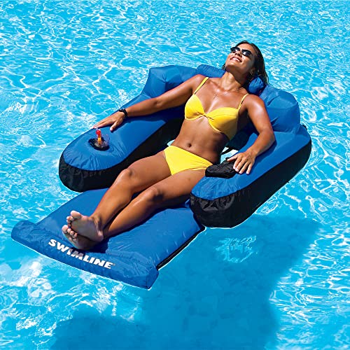Swimline Swimming Pool Inflatable Nylon Vinyl 1 Person Floating Loungers Chairs with Backrest, Footrest, and Drink Cupholder, Blue (2 Pack)