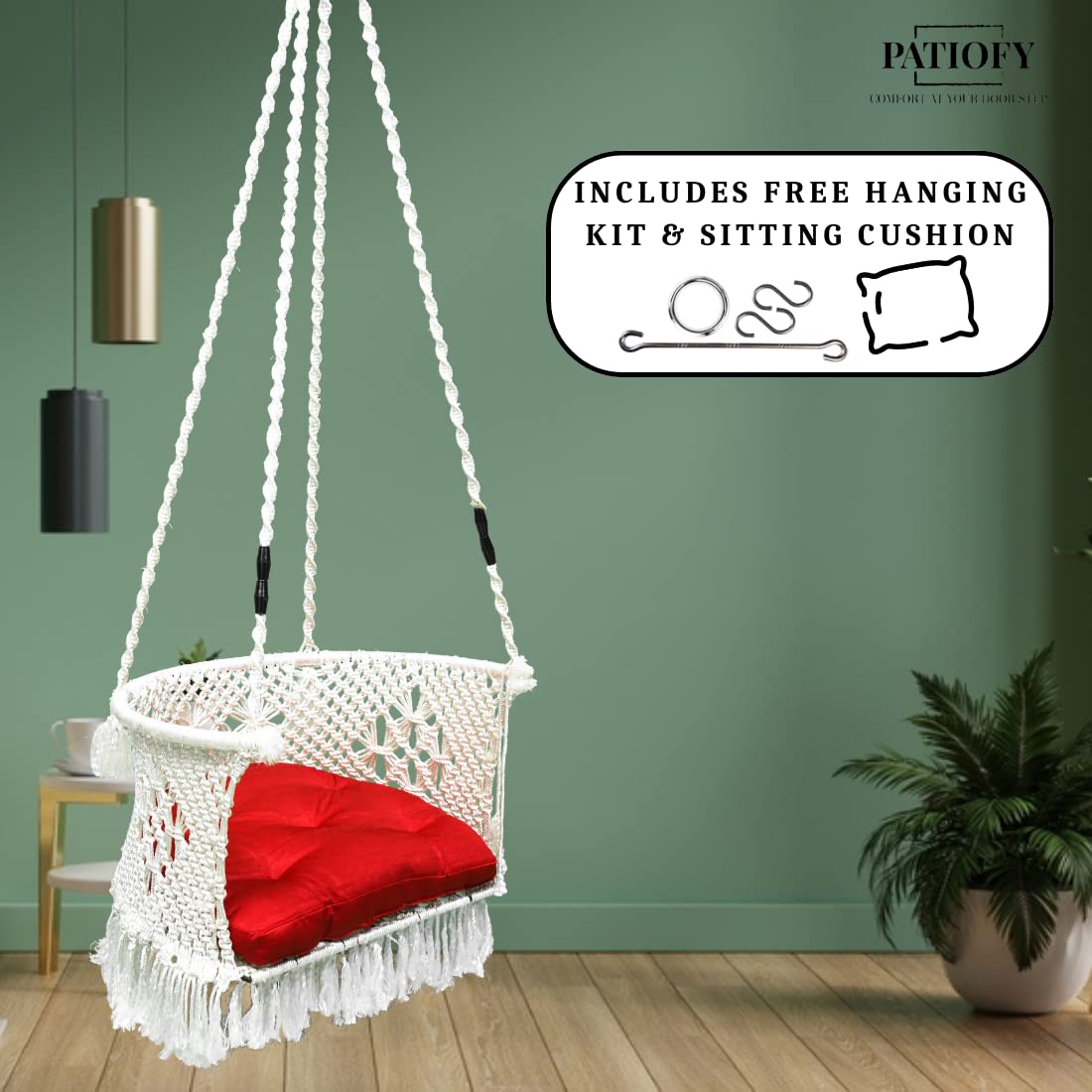 Swing/ Swing for Balcony/ Swing for Adults/ Swing Chair for Adults for Home/ Premium C Shape Swing with Macrame Floral Design/ Hanging Jhula for Adults/ Zula/ Red Cushion & Hanging Kit Included-White