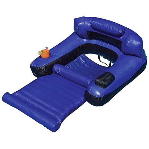 Swimline Swimming Pool Inflatable Nylon Vinyl 1 Person Floating Loungers Chairs with Backrest, Footrest, and Drink Cupholder, Blue (2 Pack)