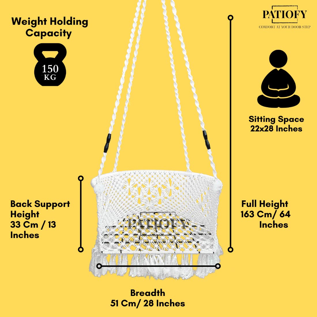 Swing/ Swing for Balcony/ Swing for Adults/ Swing Chair for Adults for Home/ Premium C Shape Swing with Macrame Floral Design/ Hanging Jhula for Adults/ Zula/ Red Cushion & Hanging Kit Included-White