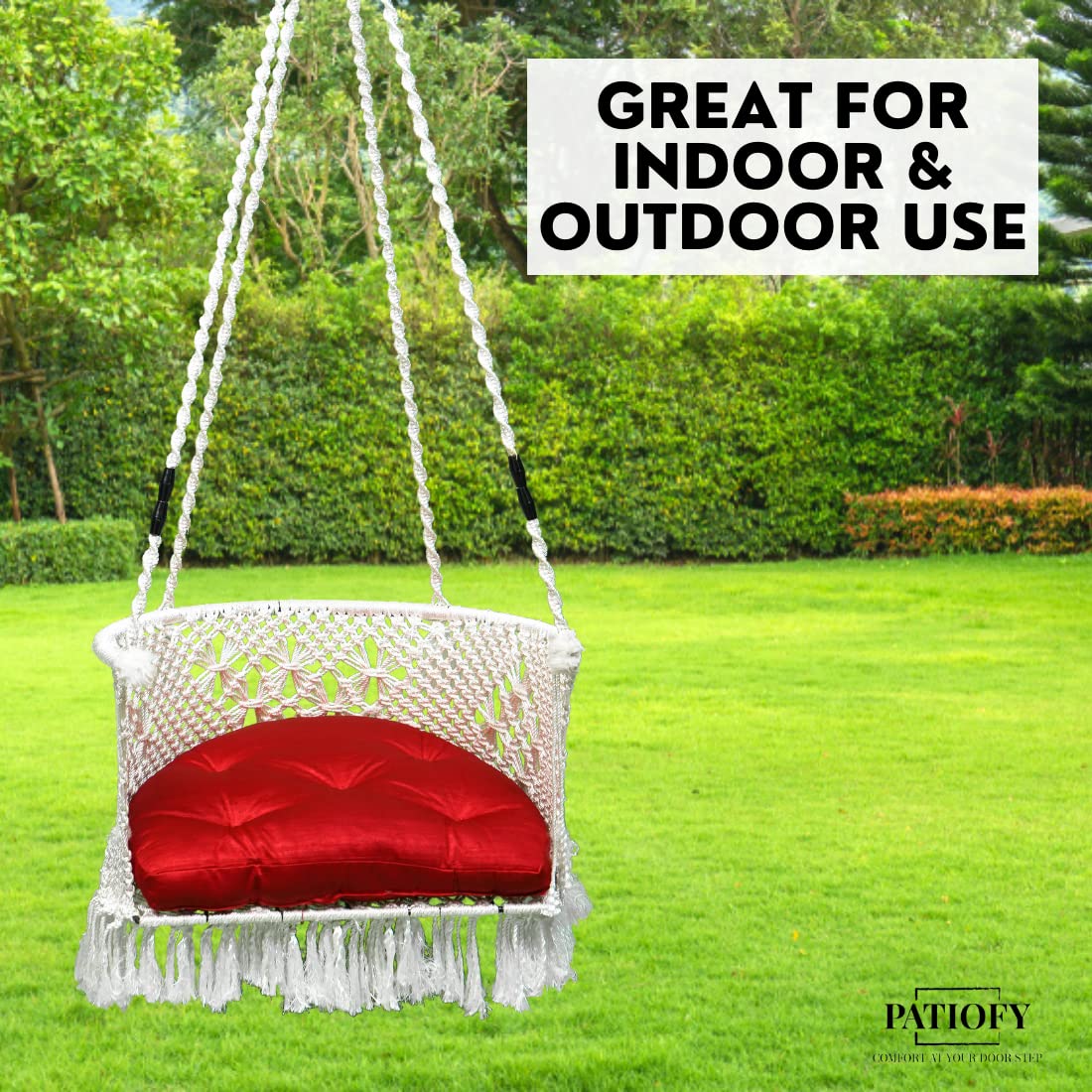 Swing/ Swing for Balcony/ Swing for Adults/ Swing Chair for Adults for Home/ Premium C Shape Swing with Macrame Floral Design/ Hanging Jhula for Adults/ Zula/ Red Cushion & Hanging Kit Included-White
