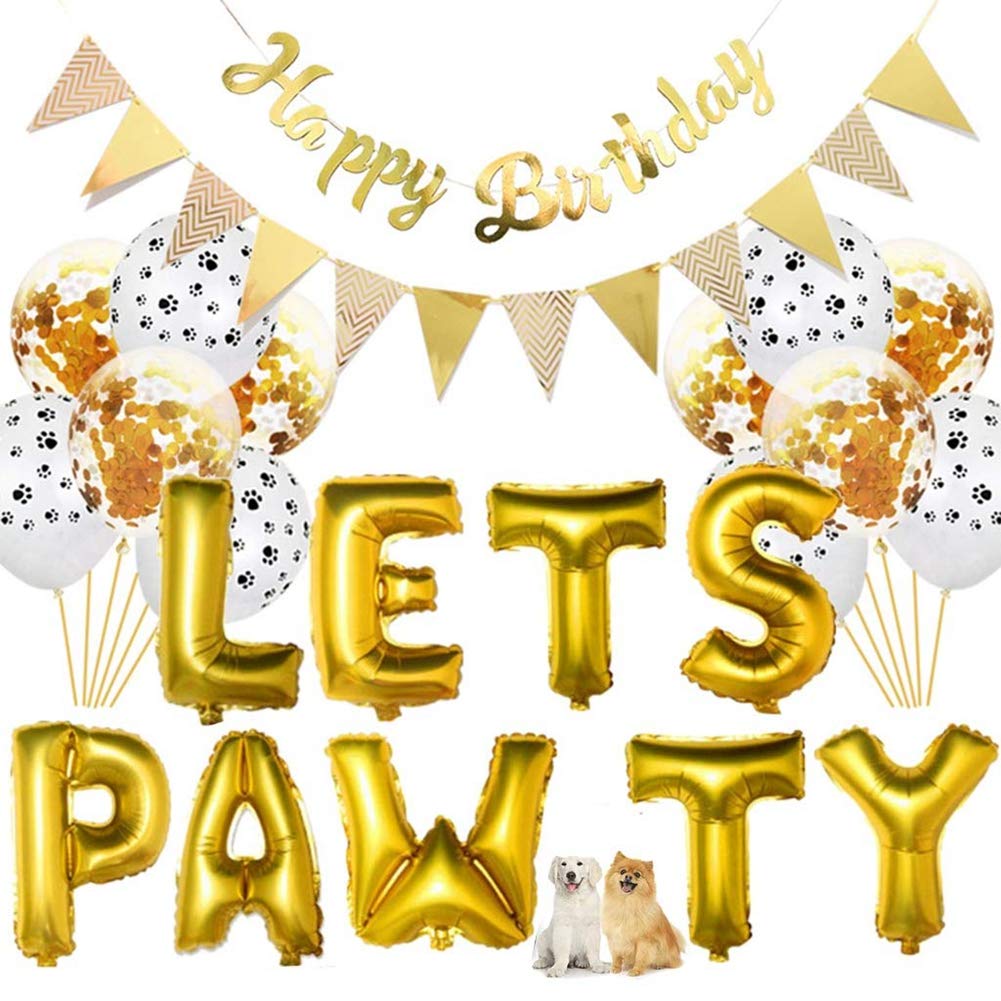 Dreamcolor Dog Happy Birthday Decorations Lets Pawty Balloon Dog Cat Party Banner (Gold)