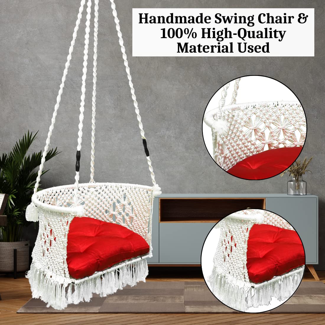 Swing/ Swing for Balcony/ Swing for Adults/ Swing Chair for Adults for Home/ Premium C Shape Swing with Macrame Floral Design/ Hanging Jhula for Adults/ Zula/ Red Cushion & Hanging Kit Included-White