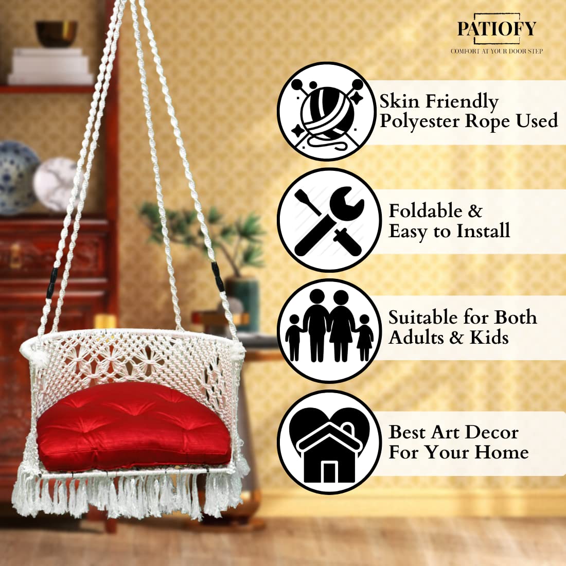 Swing/ Swing for Balcony/ Swing for Adults/ Swing Chair for Adults for Home/ Premium C Shape Swing with Macrame Floral Design/ Hanging Jhula for Adults/ Zula/ Red Cushion & Hanging Kit Included-White