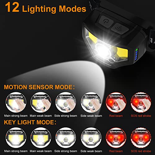 Curtsod Headlamp Rechargeable, 2-Pack 1200 Lumen Super Bright with White Red LED Head Lamp Flashlight, 12 Modes, Motion Sensor, Waterproof, Outdoor Fishing Camping Running Cycling Headlight
