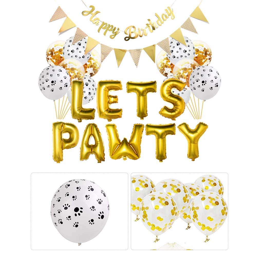 Dreamcolor Dog Happy Birthday Decorations Lets Pawty Balloon Dog Cat Party Banner (Gold)
