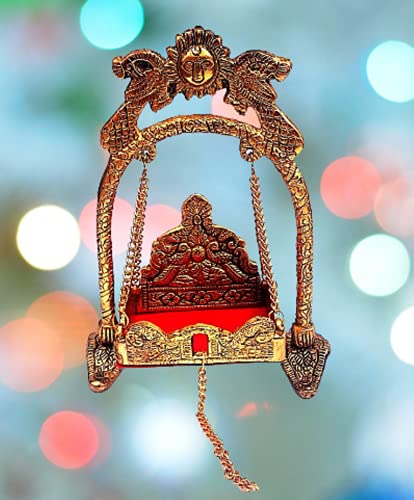 KavinTek Decoative Handmade Metal Laddu Gopal Swing Palana Nand Krishna Jhula for Gift,Poojaghar - Golden (Size- 21x9x13 cm)