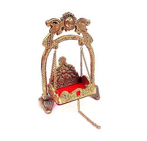 KavinTek Decoative Handmade Metal Laddu Gopal Swing Palana Nand Krishna Jhula for Gift,Poojaghar - Golden (Size- 21x9x13 cm)