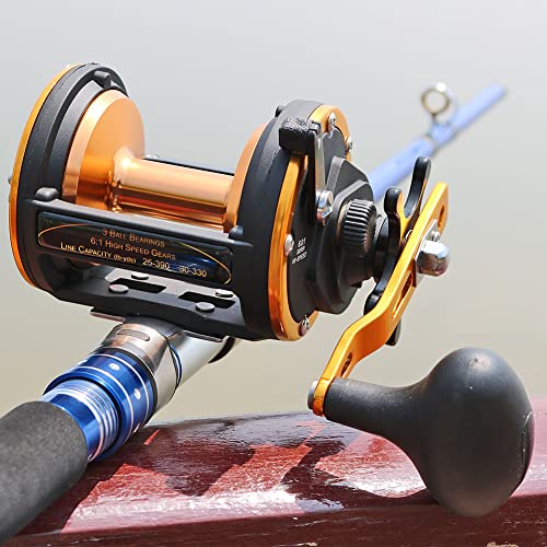 Sougayilang Conventional Reel Trolling Fishing Reel Powerful Drag Fishing Reel for Saltwater Big Game (TS50-gold)