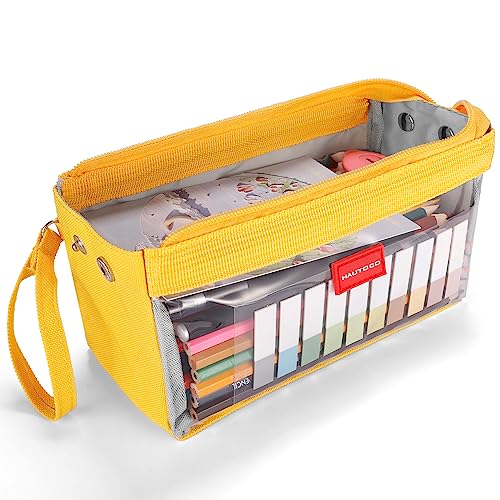HAUTOCO Big Capacity Pencil Pen Case Large Pencil Pouch Clear Pen Bag, Portable Pencil Box with Handle Stationery Organizer Holder for College Teens Girls Back to School Supplies, Yellow