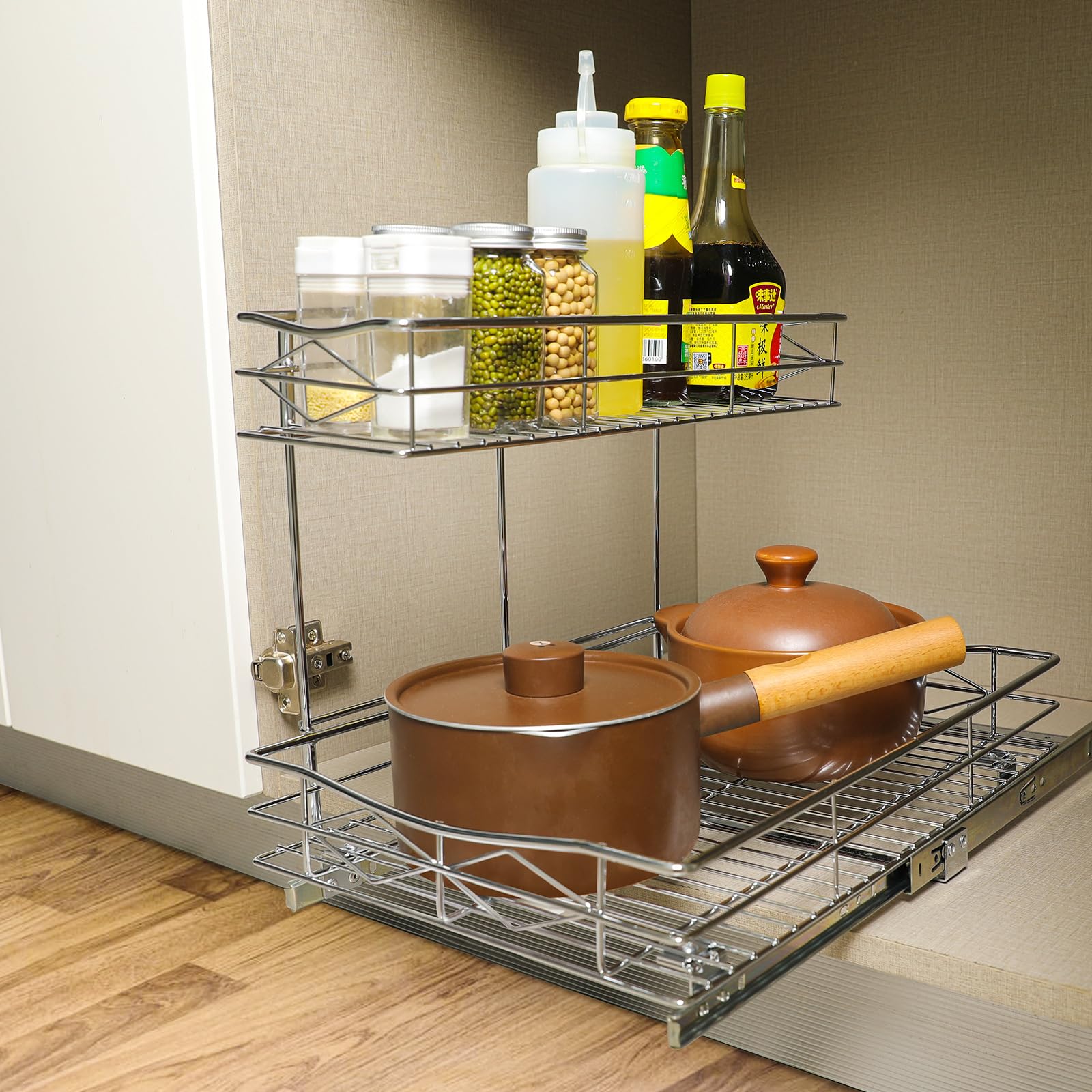 TQVAI Pull Out Cabinet Organizer, 2 Tier Under Sink Storage Shelf with Sliding Drawer, Wire Kitchen Slide Out Basket - 11.75W x 17D x 13.25H, Request at Least 12.5 Inch Cabinet Opening