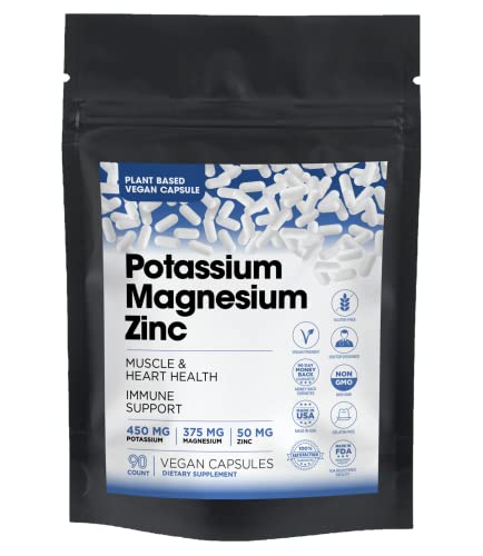 Magnesium Potassium Supplements w/ Zinc - 90 Capsules - Magnesium Potassium Zinc for Vascular Health – High Absorption Vegan Potassium Magnesium Supplement for Leg Cramps and Sleep