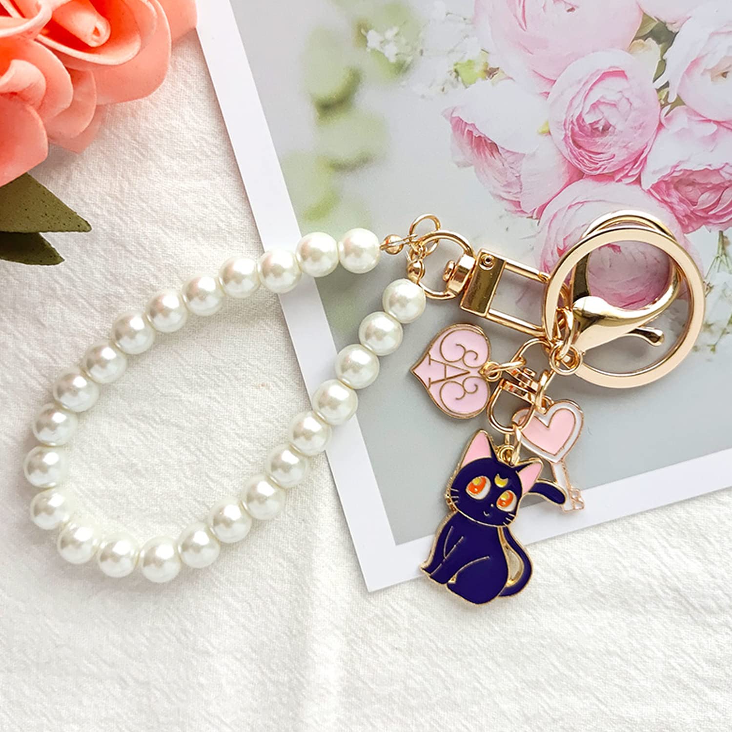 Cute Moon Cat Keychain Key Charm Aesthetic Gift for Women Girls Anime Fans (Purple Kitty)