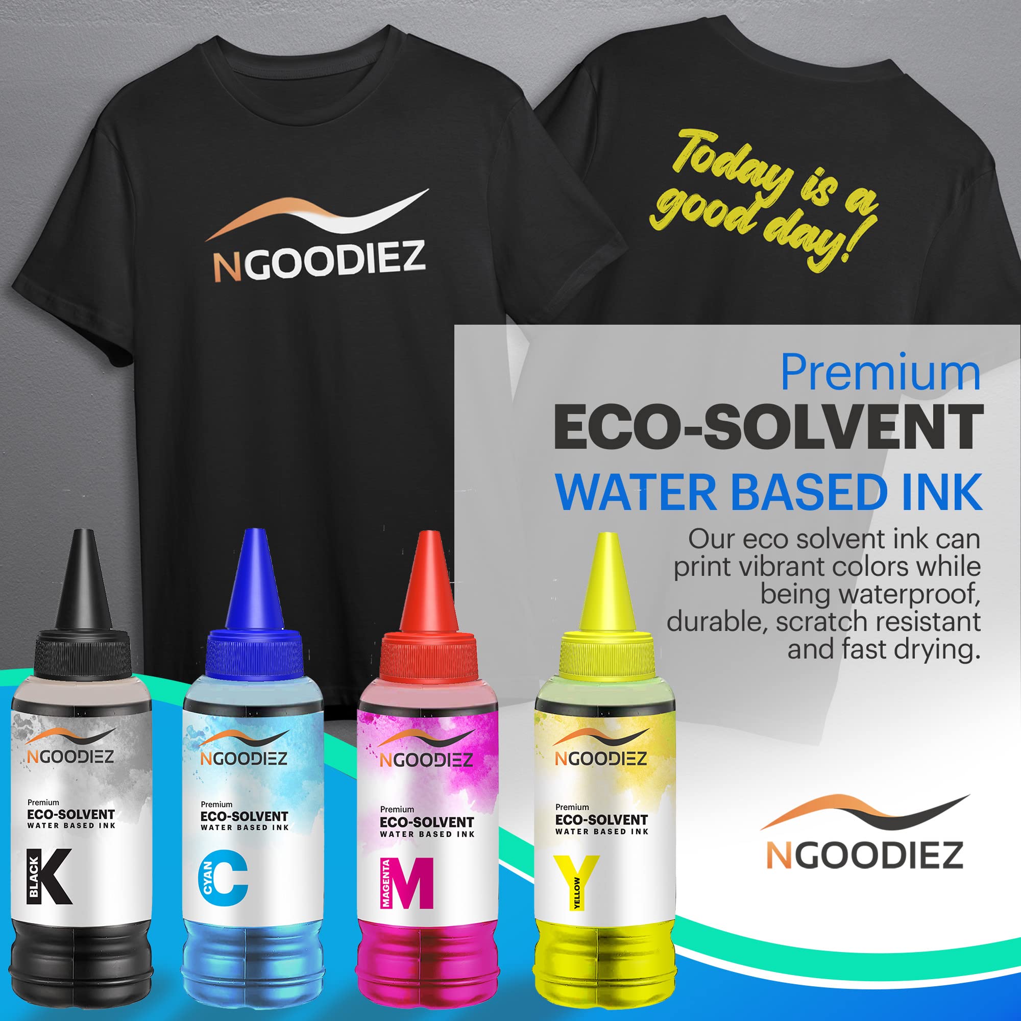NGOODIEZ Eco Solvent Ink - Water Based Printer Ink, Fast Drying Refill Ink Bottle for Epson EcoTank, & WF Series Printers - Ideal for HTV, Vinyl Stickers, Decals, T-Shirts, Mugs (1B/1C/1Y/1M, 400ml)