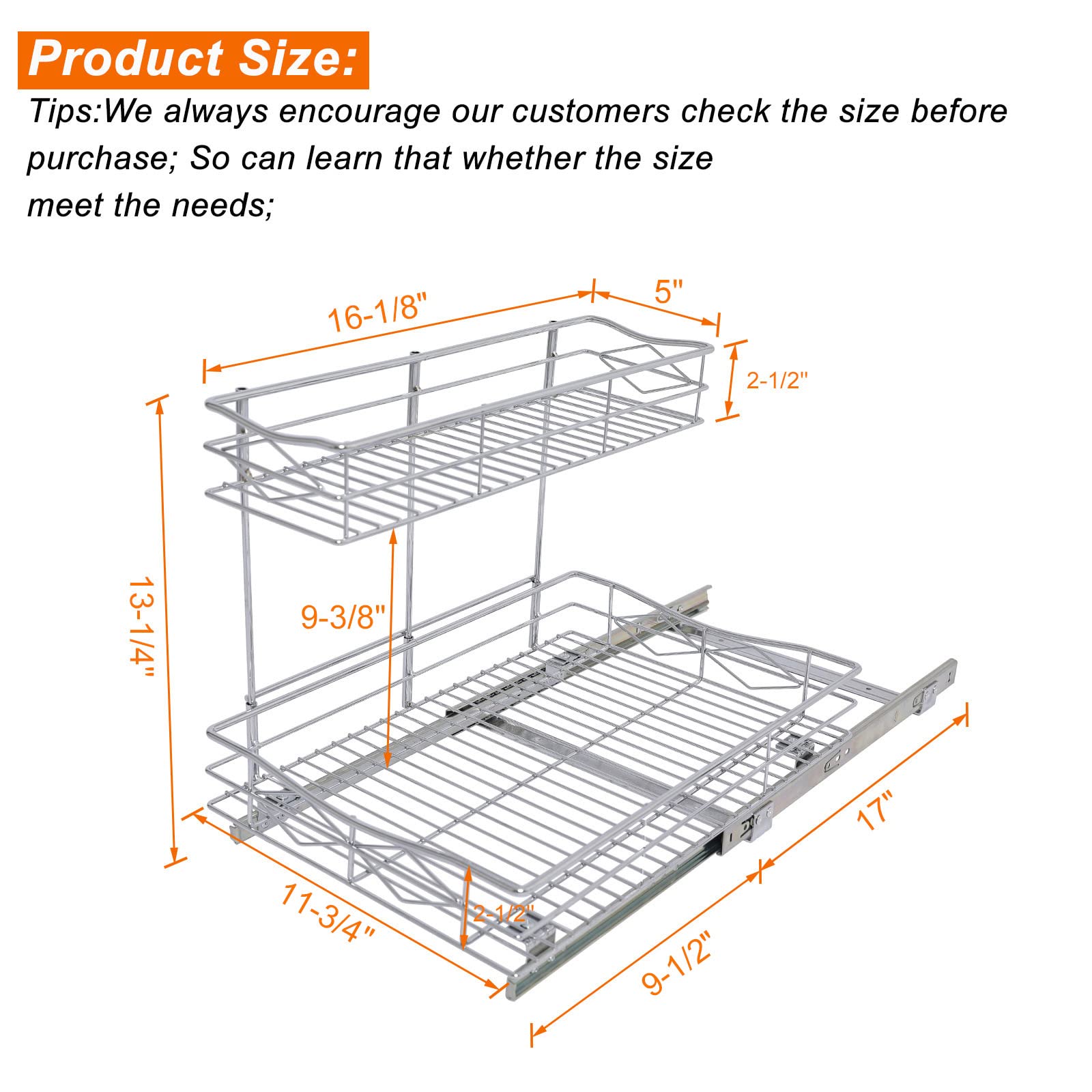 TQVAI Pull Out Cabinet Organizer, 2 Tier Under Sink Storage Shelf with Sliding Drawer, Wire Kitchen Slide Out Basket - 11.75W x 17D x 13.25H, Request at Least 12.5 Inch Cabinet Opening