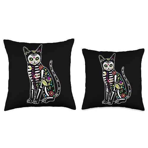 Colorful Sugar Skull Cat - Mexican Dead Celebrations Throw Pillow