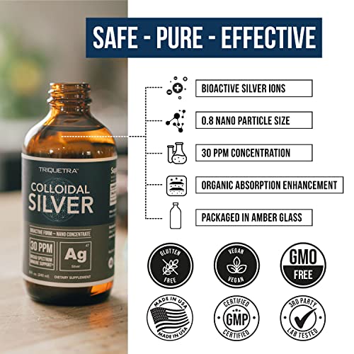 Bioactive Colloidal Silver - 8 oz, Glass Bottle, Vegan, Safe Doses with Highest Effectiveness - Nano Ions, 30 PPM - Immune Support (48 Servings)