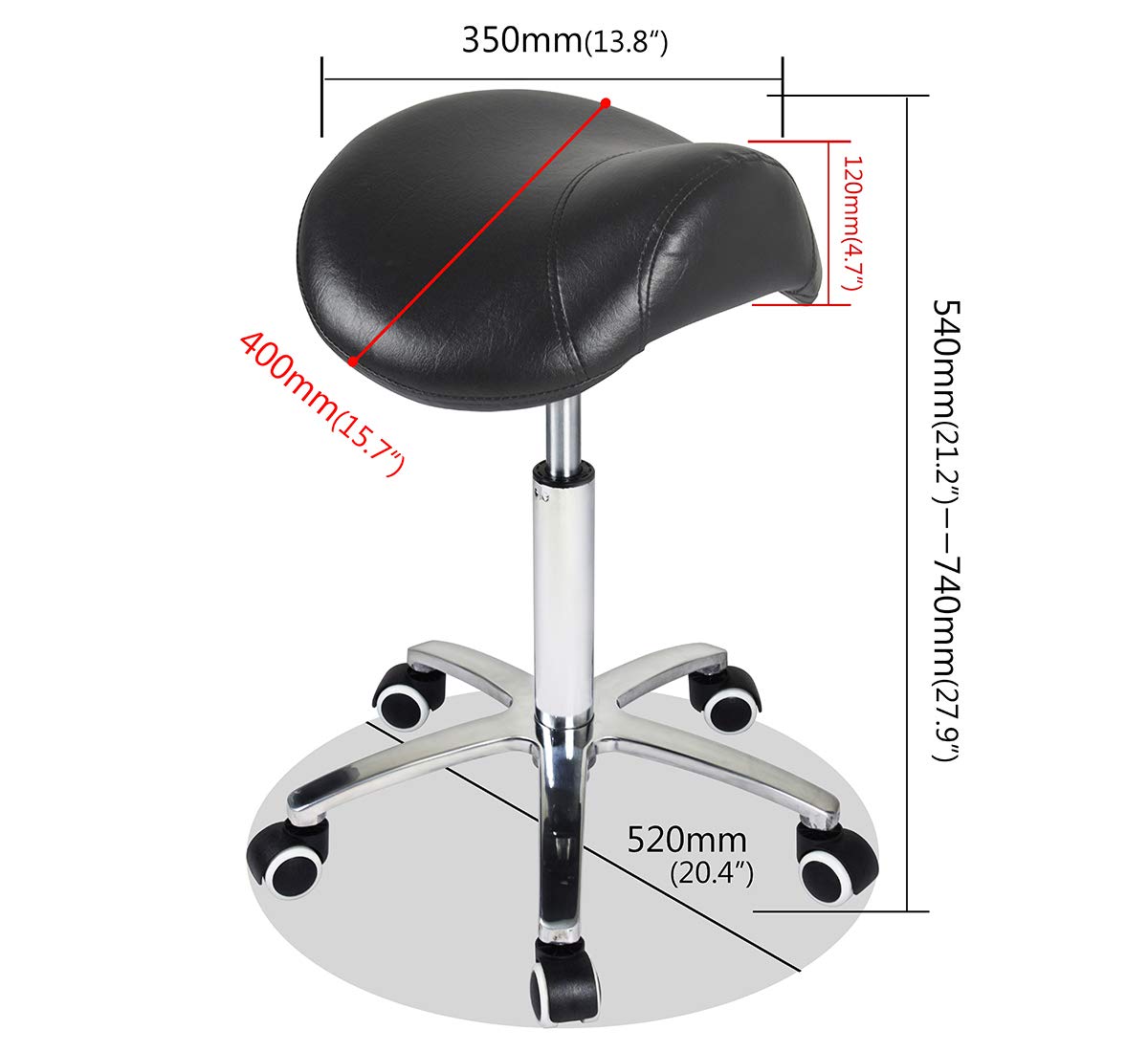 Saddle Stool Rolling Chair for Medical Massage Salon Kitchen Spa Drafting,Adjustable Hydraulic Stool with Wheels (Without Backrest, Black)
