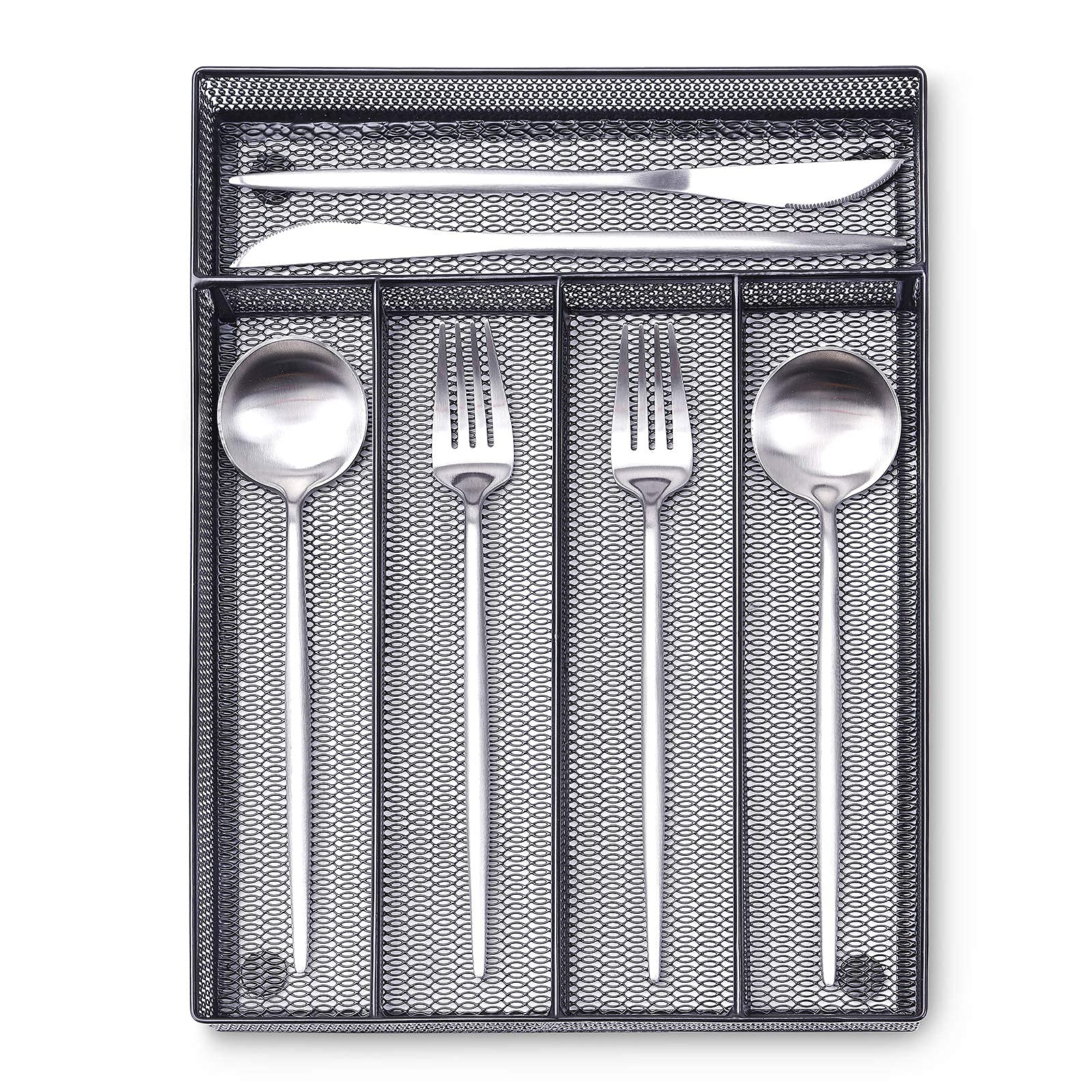 WuGeShop Kitchen Utensil Organizer,Cutlery Holder Organizer in Drawer for Flatware,Utensil Storage Flatware Tray with Anti-slip Mats(Black)