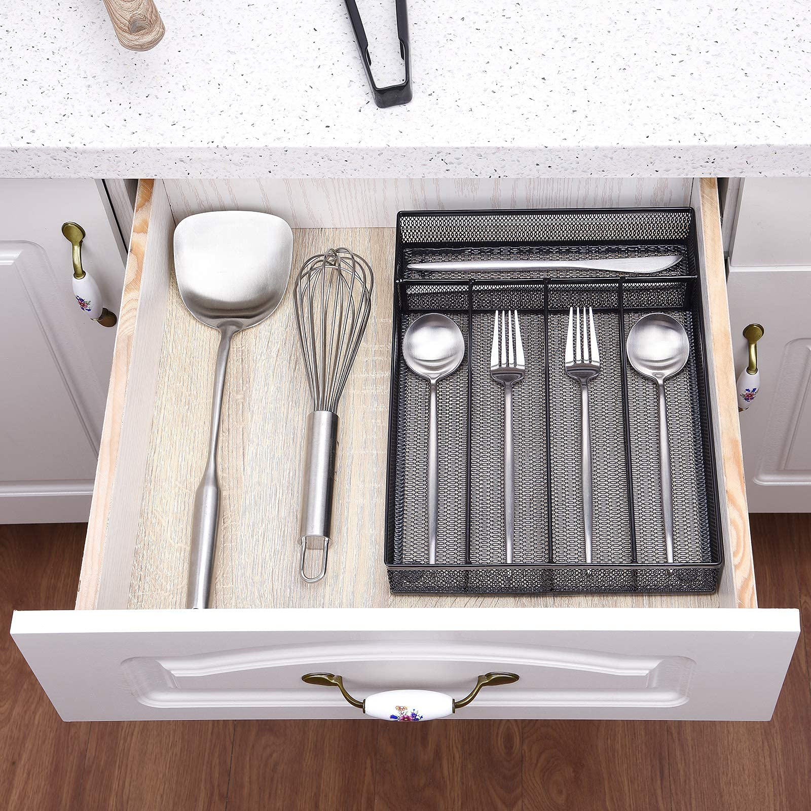 WuGeShop Kitchen Utensil Organizer,Cutlery Holder Organizer in Drawer for Flatware,Utensil Storage Flatware Tray with Anti-slip Mats(Black)