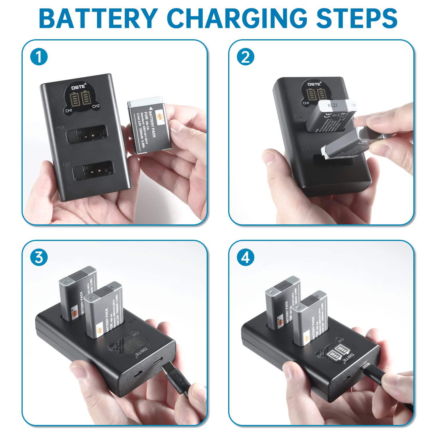 DSTE Replacement for 2 x NB-13L Battery + Dual USB Charger Compatible Canon PowerShot SX740 HS G5X G7X G9X G7 X Mark II G9X Mark II SX620 HS SX720 HS SX730 HS G1 X Mark III G5 X Mark II