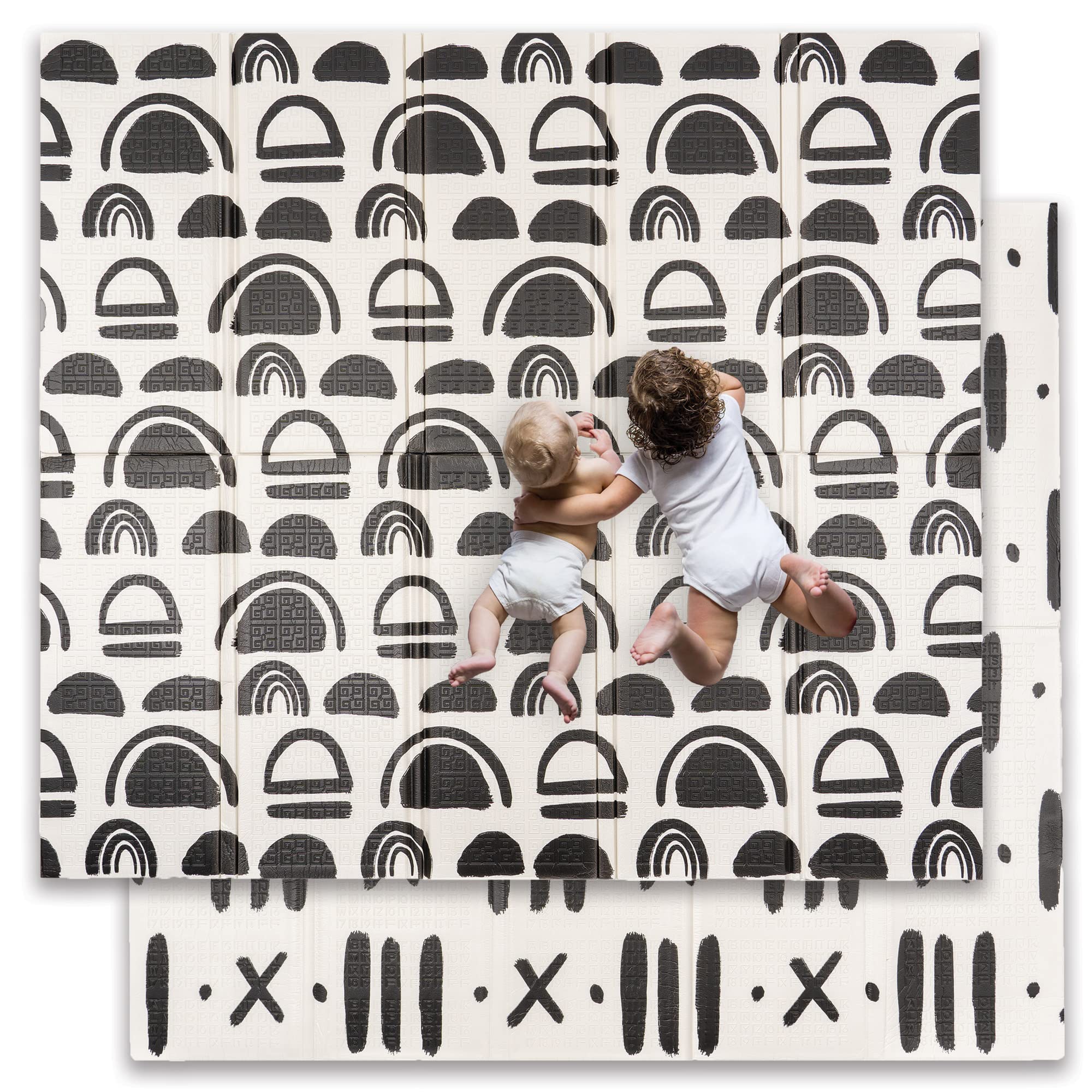 JumpOff Jo - Extra Large Waterproof Foam Padded Play Mat for Infants, Babies, Toddlers, Play Pens & Tummy Time, Foldable Activity Mat, 77 x 70 x 0.6 inches - Black and White