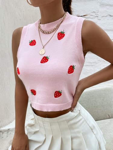 Floerns Women's Sleeveless Round Neck Cute Strawberry Sweater Vest Crop Shirt Top Pastel Pink M