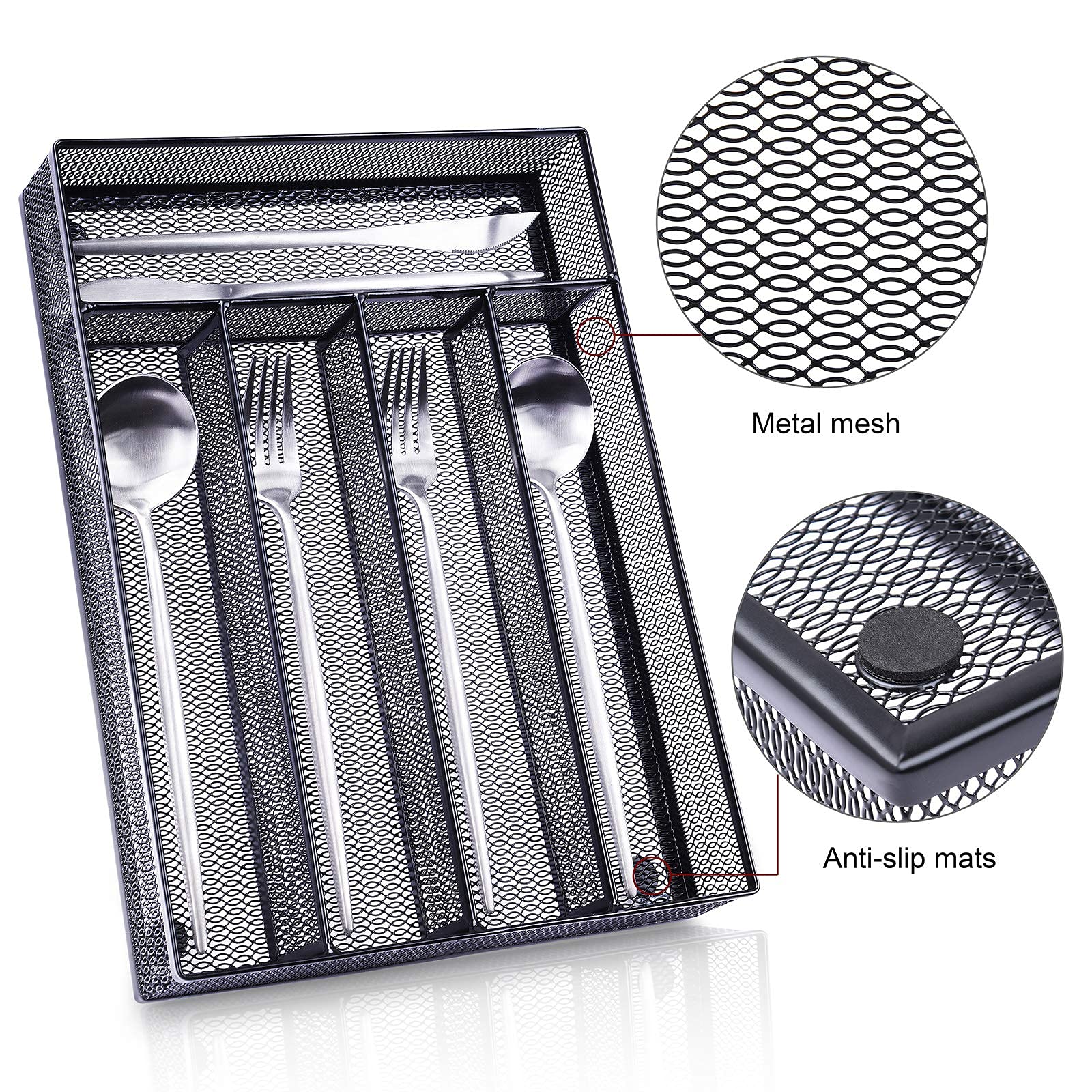 WuGeShop Kitchen Utensil Organizer,Cutlery Holder Organizer in Drawer for Flatware,Utensil Storage Flatware Tray with Anti-slip Mats(Black)