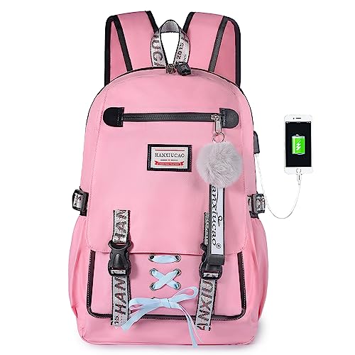 HANXIUCAO Girls Backpack Teen Rucksack Large Capacity Female College Student Locked Schoolbag Anti-Theft Backpack with USB Charging Port (pink)