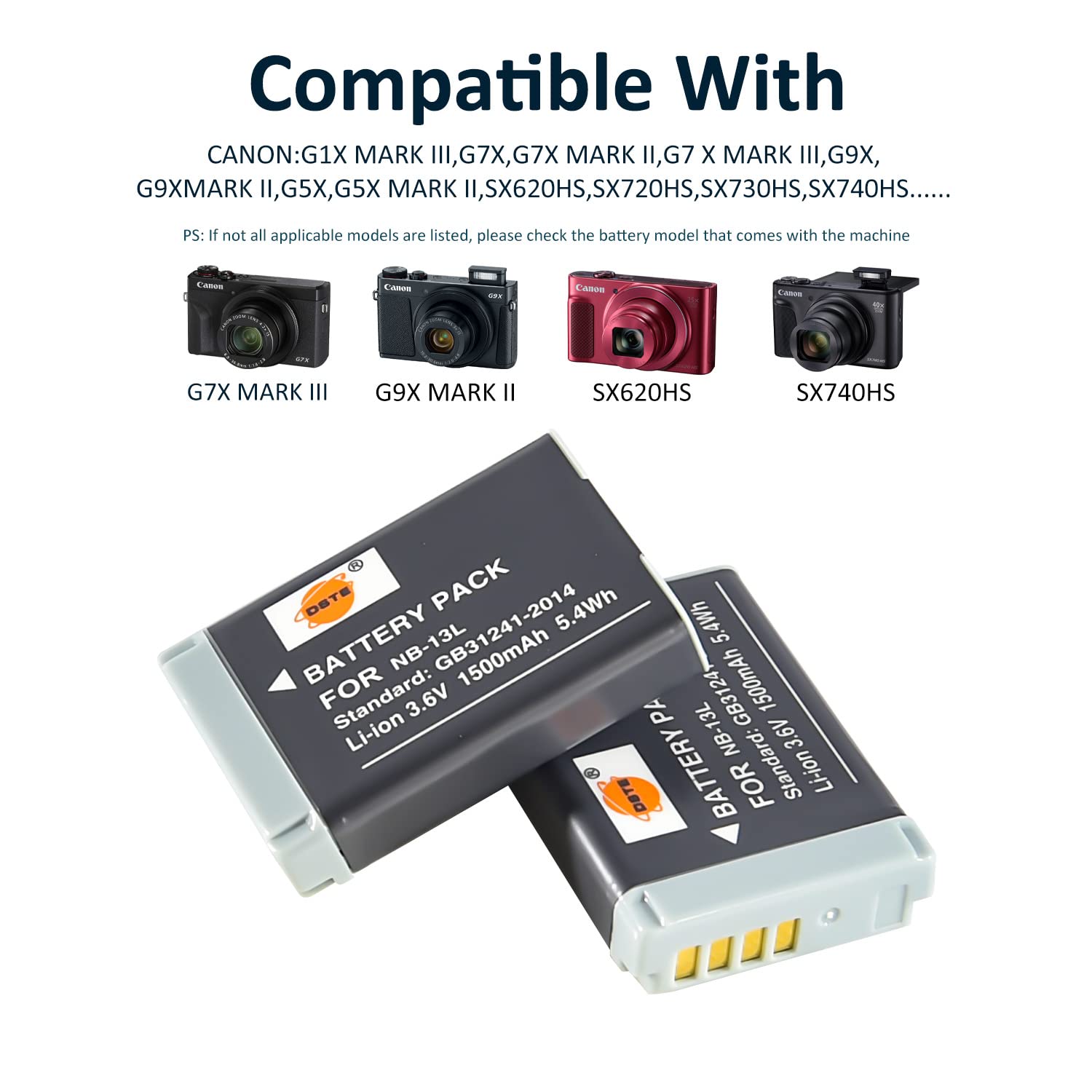 DSTE Replacement for 2X NB-13L + Dual Charger with Micro USB Cable Compatible Canon PowerShot SX740 G5X G7X G9X G7 X Mark II G9X Mark II SX620 HS SX720 HS SX730 HS G1 X Mark III G5 X Mark II as NB13L