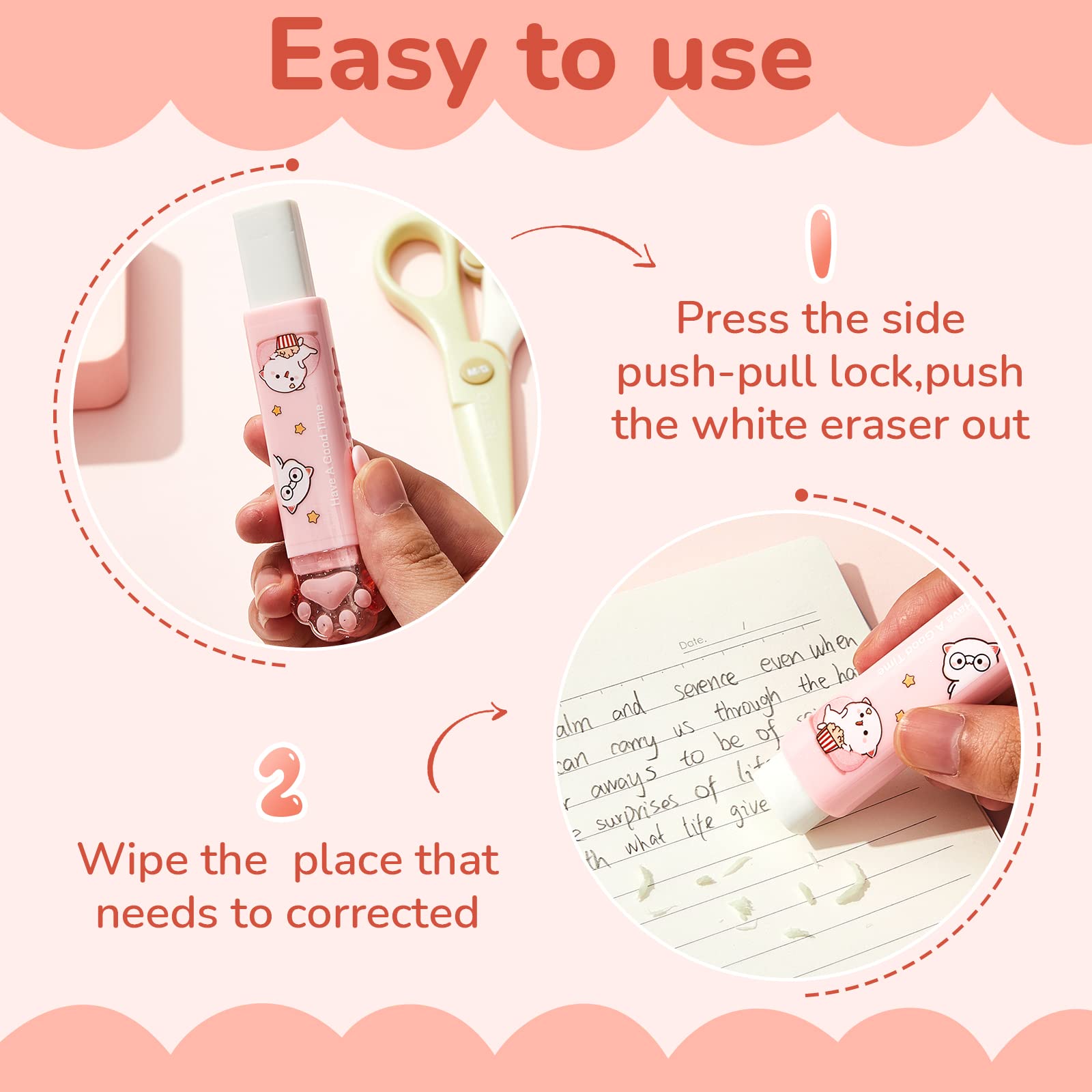 8 Pcs Cat Paw Shaped Erasers Push Pull Design Retractable Pastel Aesthetic Pencil Kawaii Cute Rubber for Kids Students School Office Stationery (Purple, Pink, White, Peach)