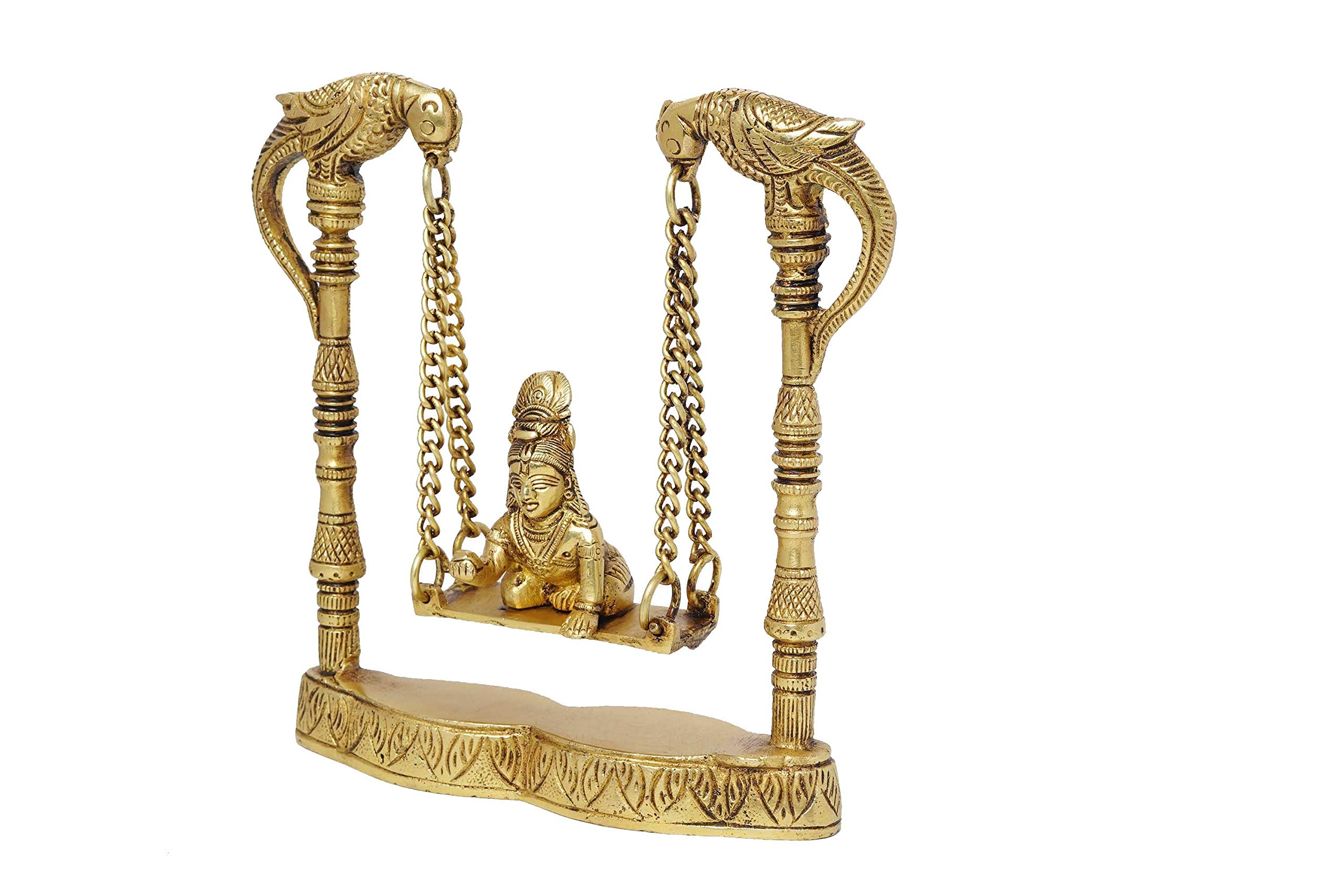 Brass Laddu Gopal Swing Krishna Jhula with Parrot Pillar| Krishna Swing Statue | Handmade Krishna Jhoola Murti | for Home Decor |HomeDecoRatio, Height:8 inches ,Length:6.5 inches ,Width 2 inches
