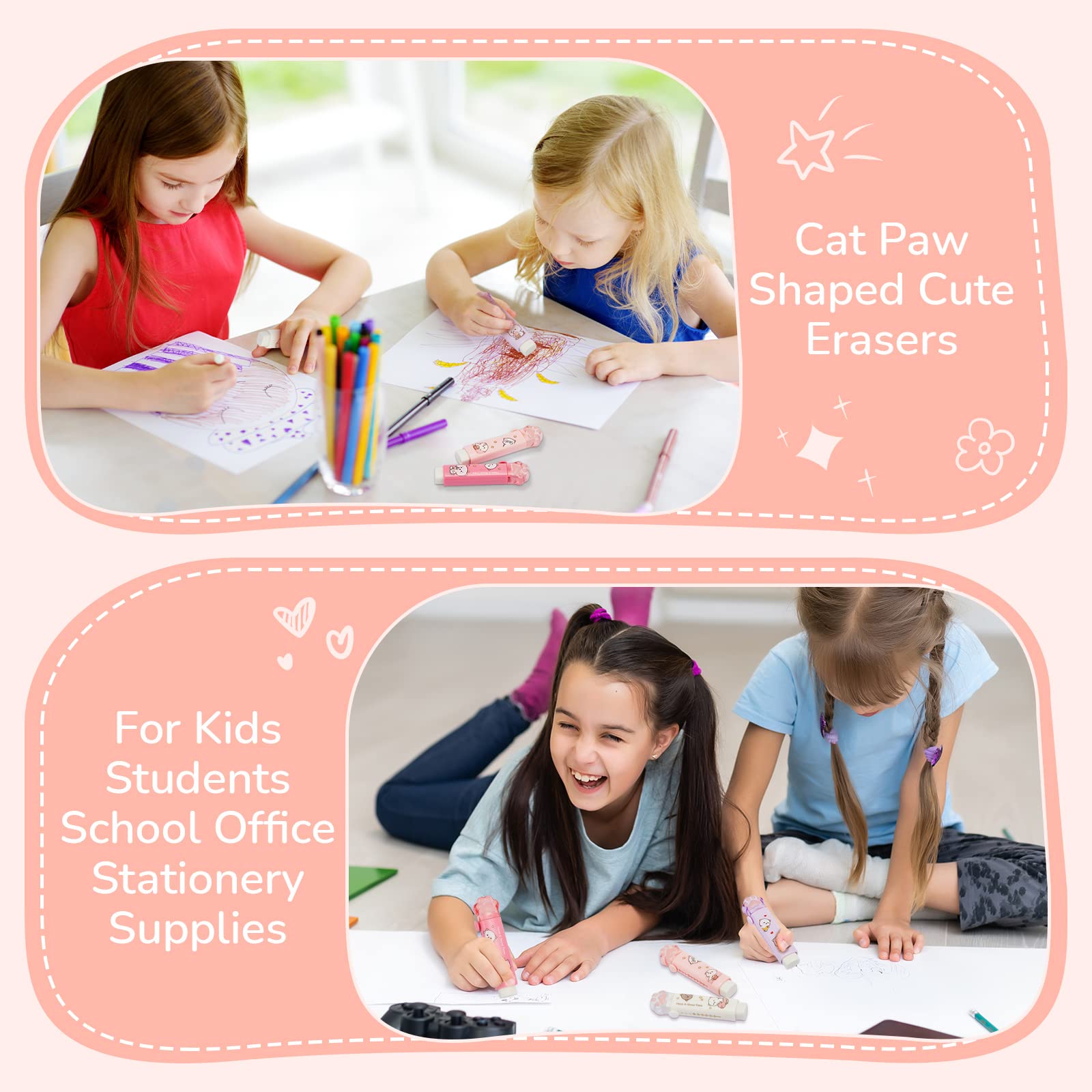 8 Pcs Cat Paw Shaped Erasers Push Pull Design Retractable Pastel Aesthetic Pencil Kawaii Cute Rubber for Kids Students School Office Stationery (Purple, Pink, White, Peach)