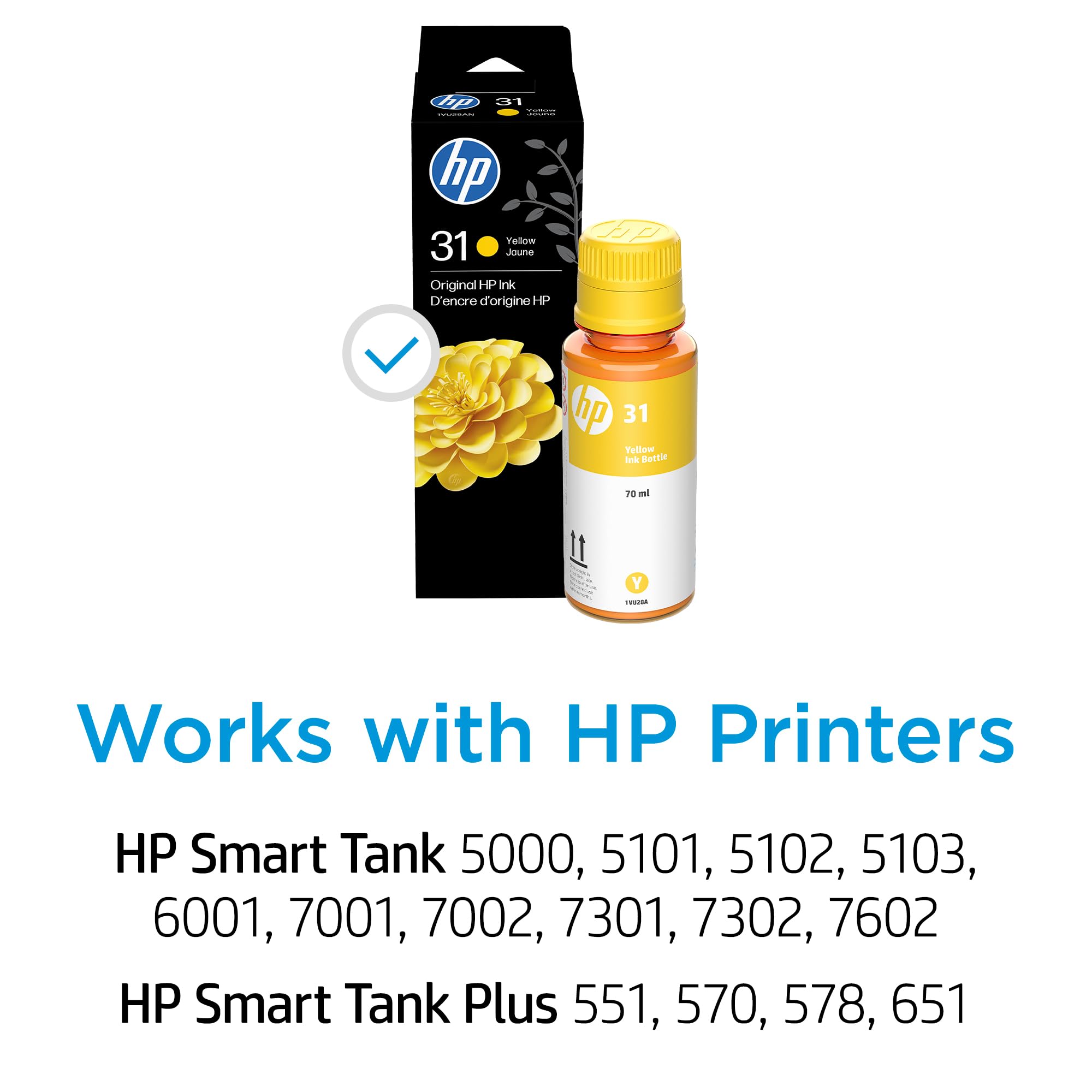 HP 31 | Ink Bottle | Yellow |Up to 8,000 pages per bottle|Works with HP Smart Tank Plus 651 and HP Smart Tank Plus 551 | 1VU28AN