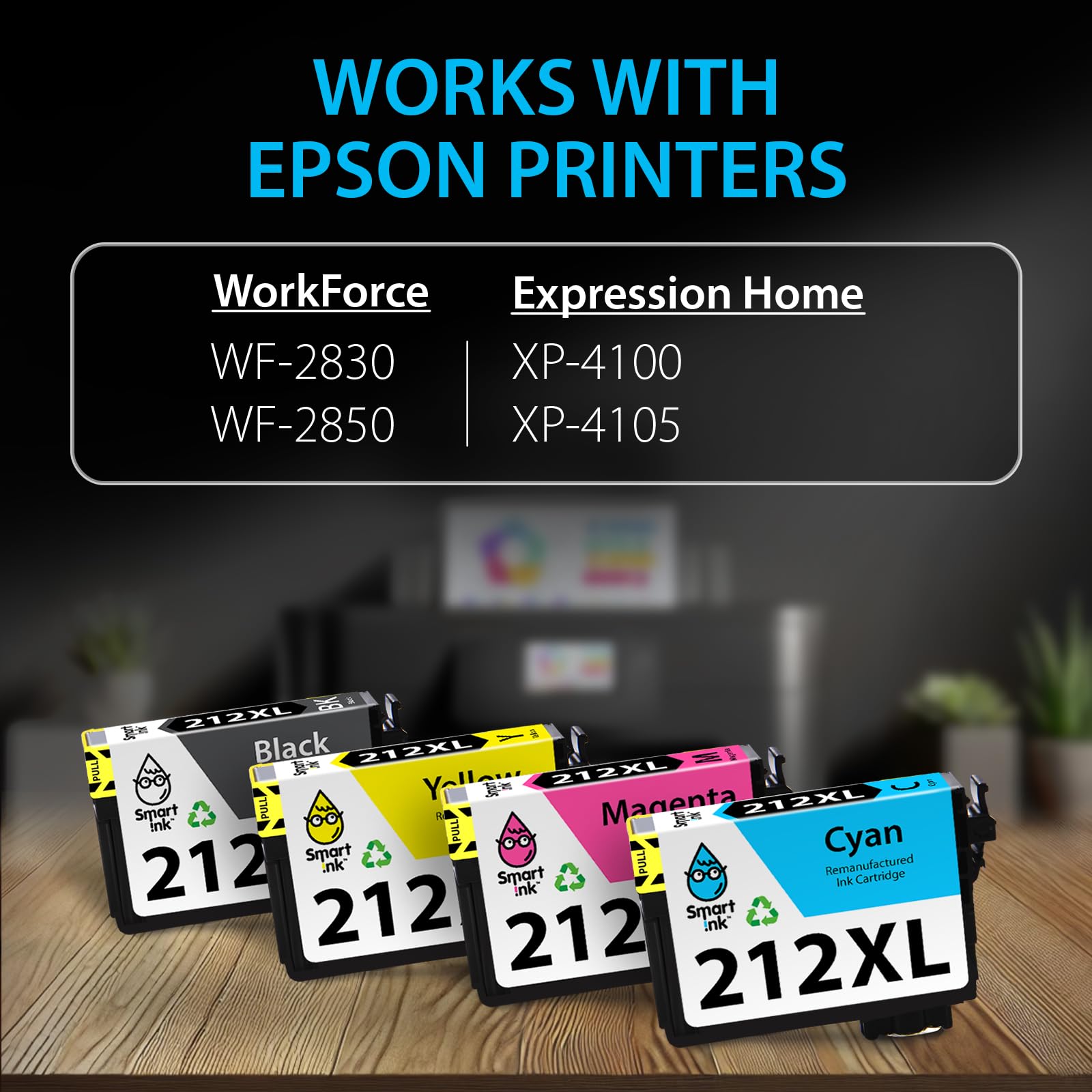 Smart Ink Remanufactured Ink Cartridge Replacement for Epson 212 Ink Cartridges 212XL T212 XL to use with Workforce WF-2830 WF-2850 XP-4100 XP-4105 (Black & Cyan/Magenta/Yellow 4 Combo Pack)