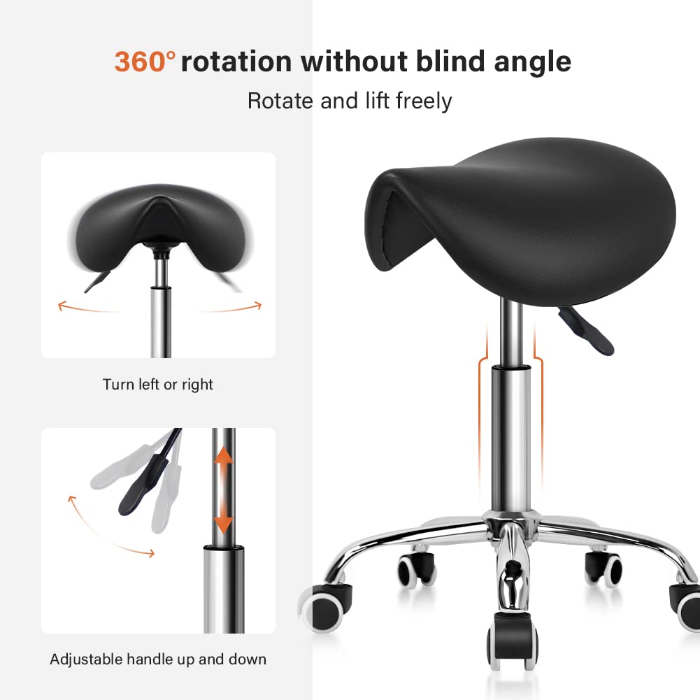 KKTONER Rolling Saddle Stool PU Leather Swivel Adjustable Rolling Stool with Wheels Salon Chair Black