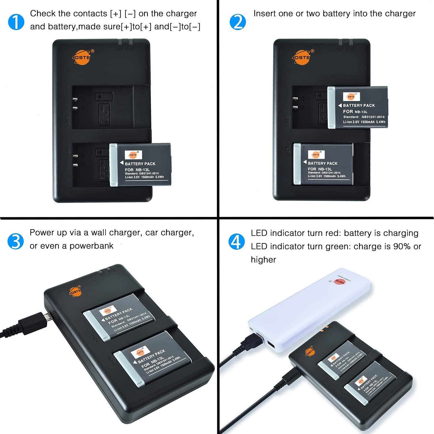 DSTE Replacement for 2X NB-13L + Dual Charger with Micro USB Cable Compatible Canon PowerShot SX740 G5X G7X G9X G7 X Mark II G9X Mark II SX620 HS SX720 HS SX730 HS G1 X Mark III G5 X Mark II as NB13L