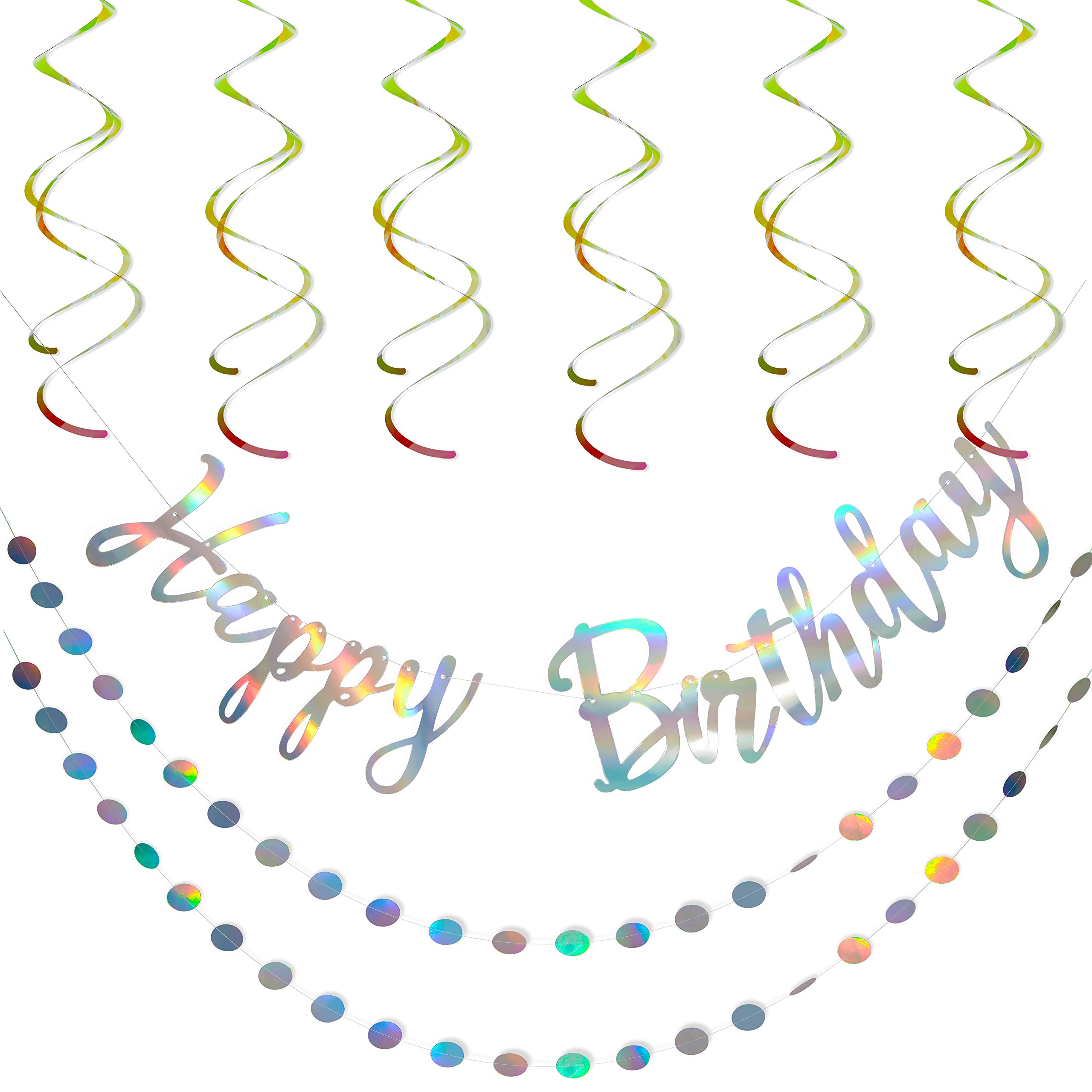 Artistrend Happy Birthday Banner Iridescent Silver Decorations Set with Garland and Swirls