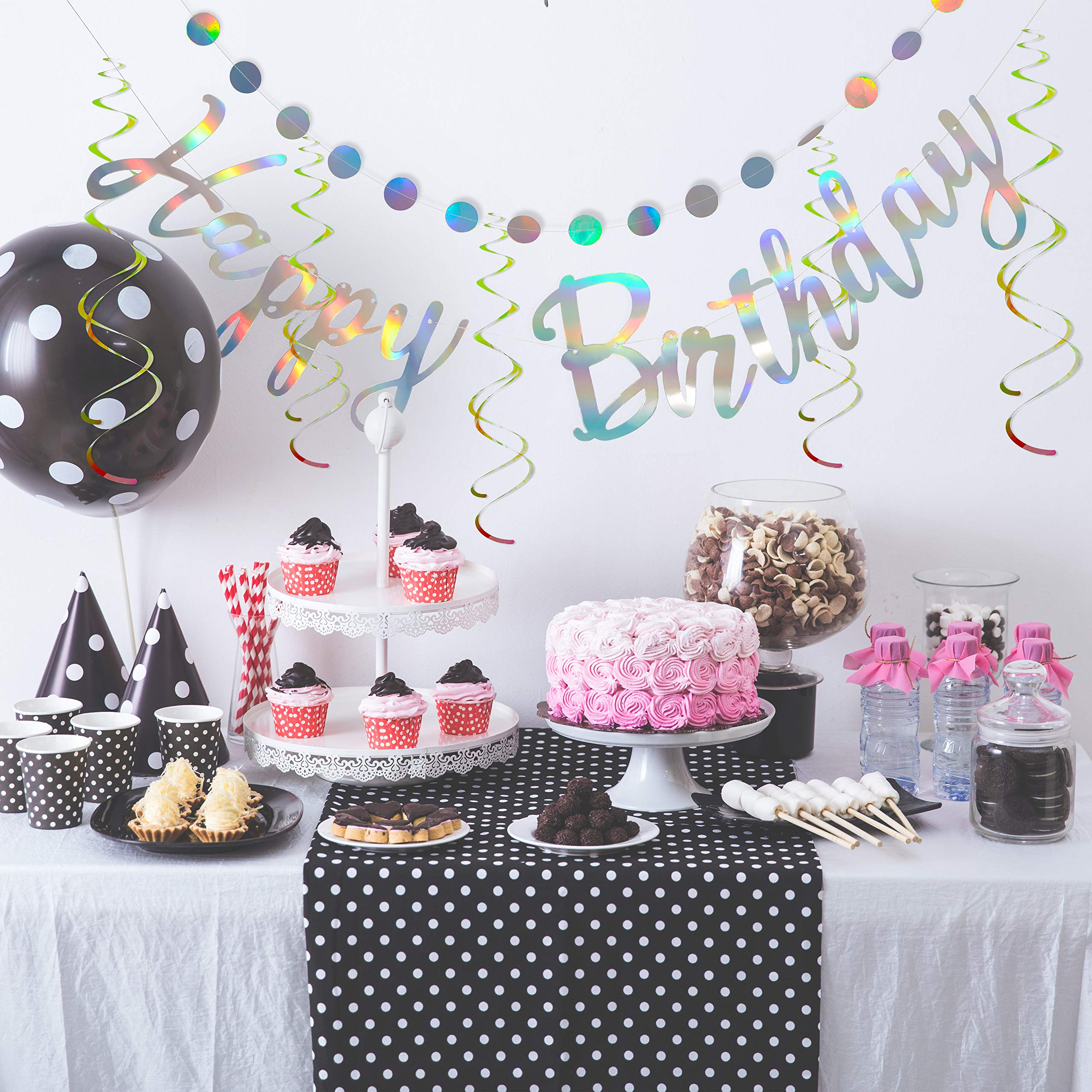 Artistrend Happy Birthday Banner Iridescent Silver Decorations Set with Garland and Swirls